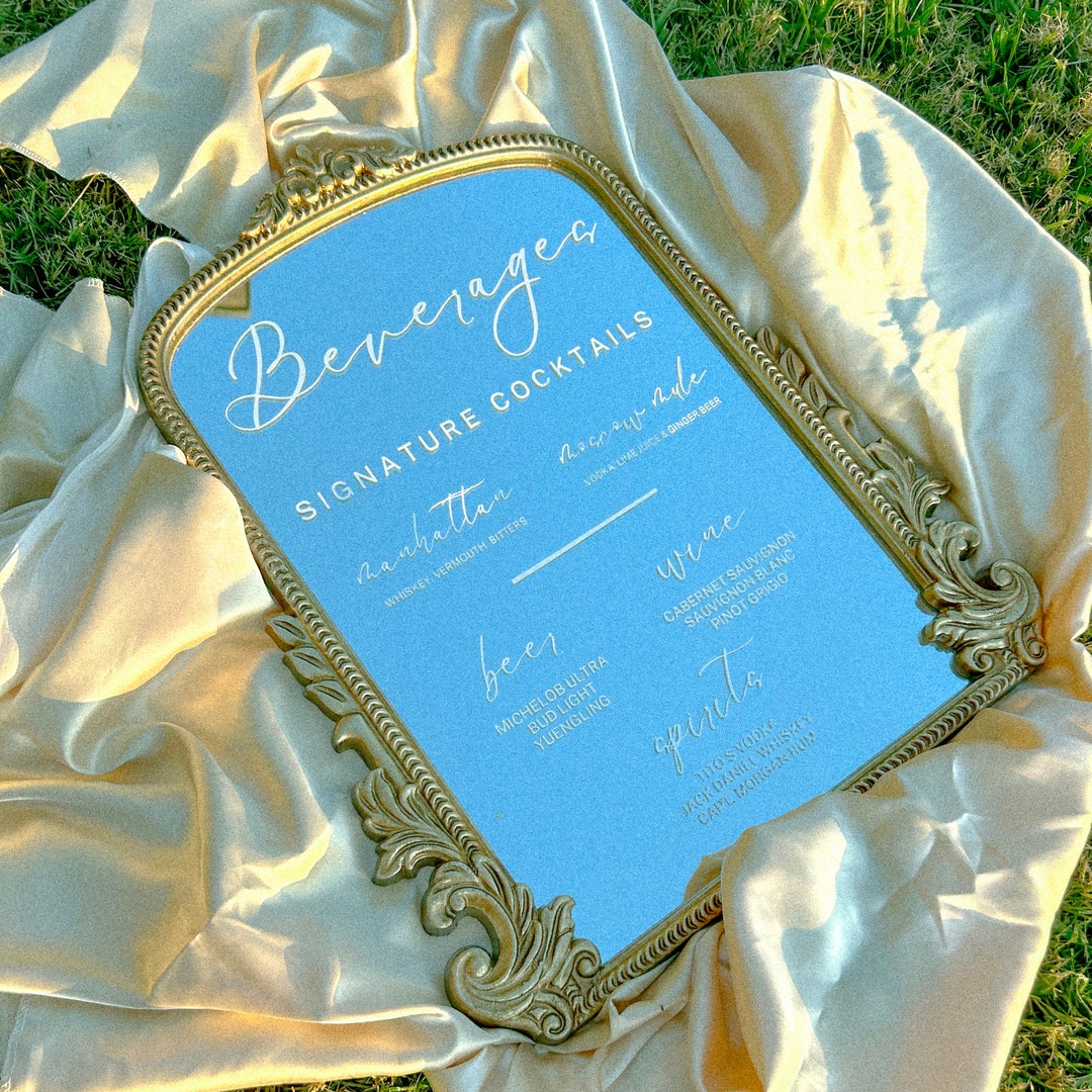 Personalized Wedding Cocktail Menu on Gold Arch Mirror Featuring ...