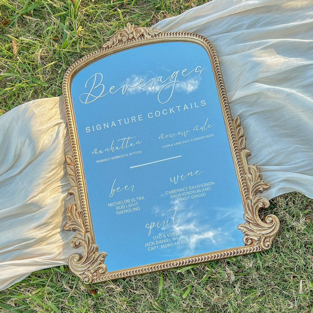 Custom Cocktail List for Wedding on Gold Arch Mirror With Custom ...