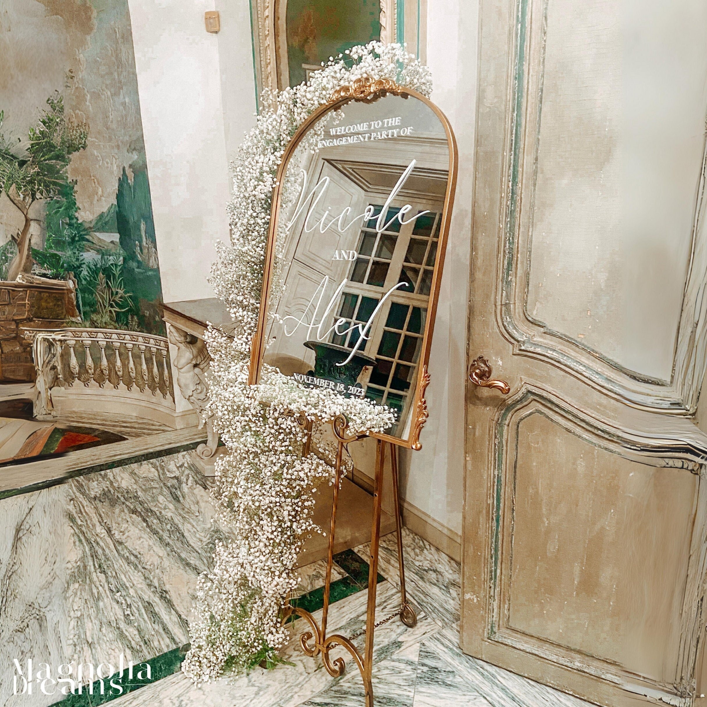 Custom Engagement Party Welcome Sign on Large Gold Arch Mirror ...