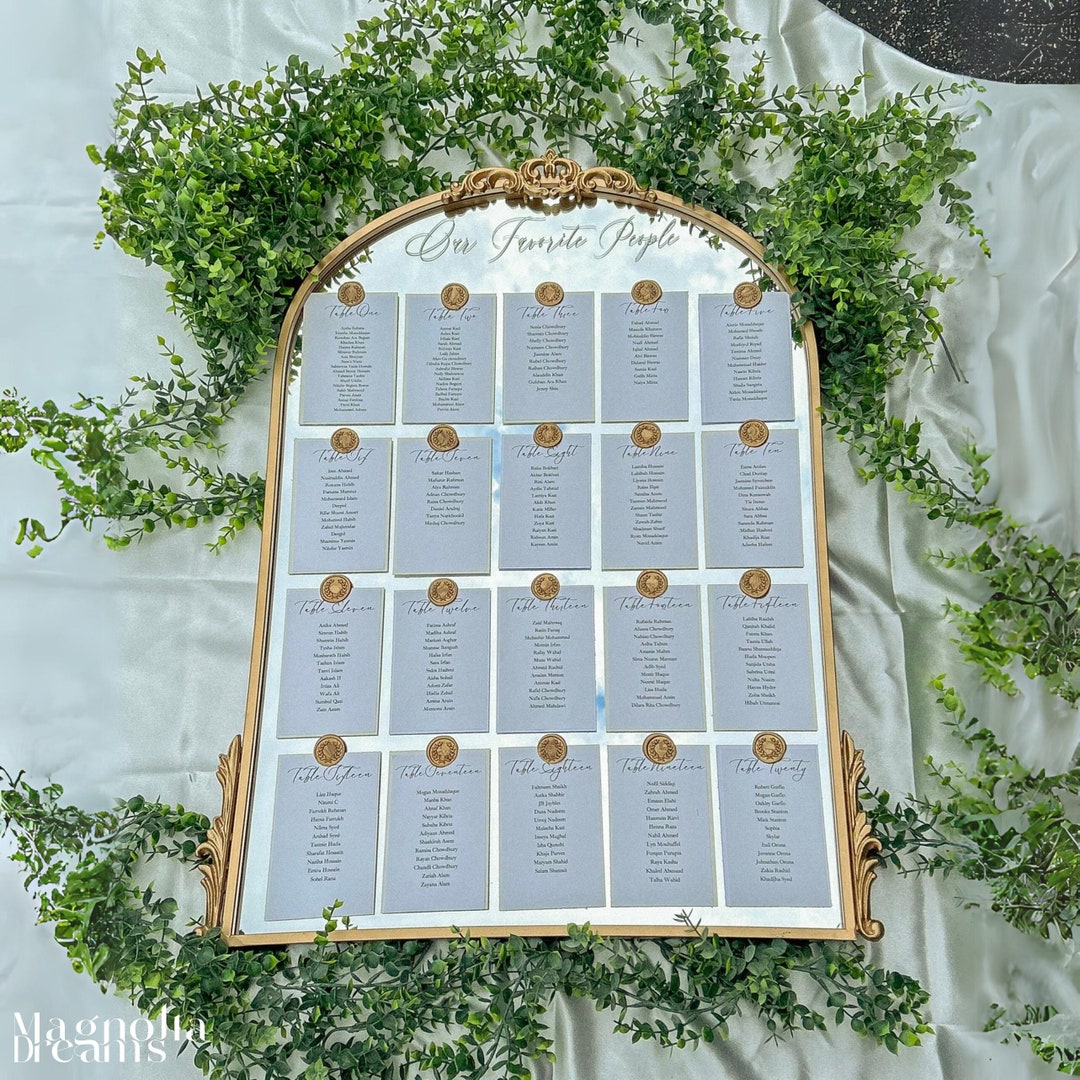 Customized Wedding Seating Chart on Elegant Large Gold Mirror ...