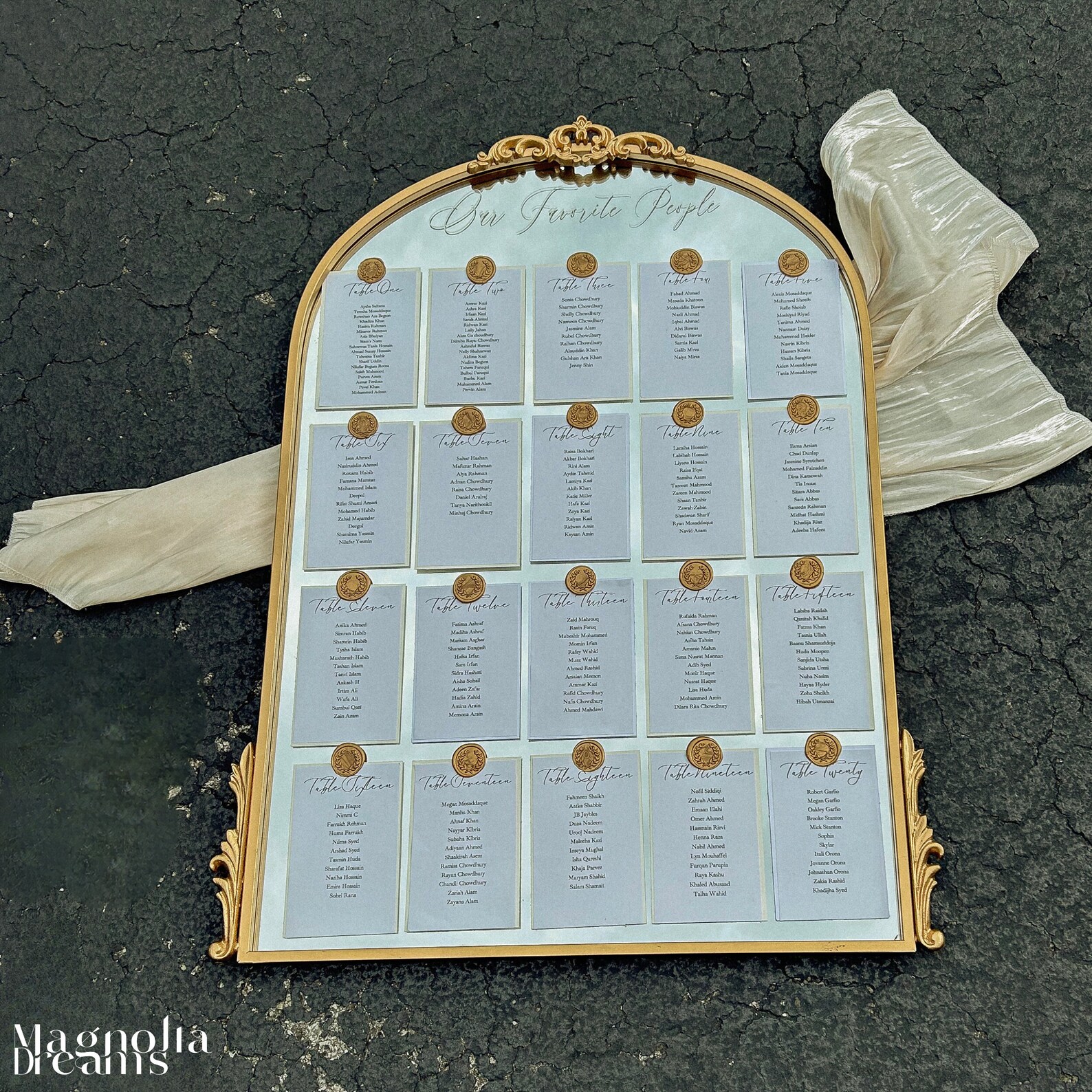 Custom Seating Chart for Large Weddings on Gold Arch Mirror ...