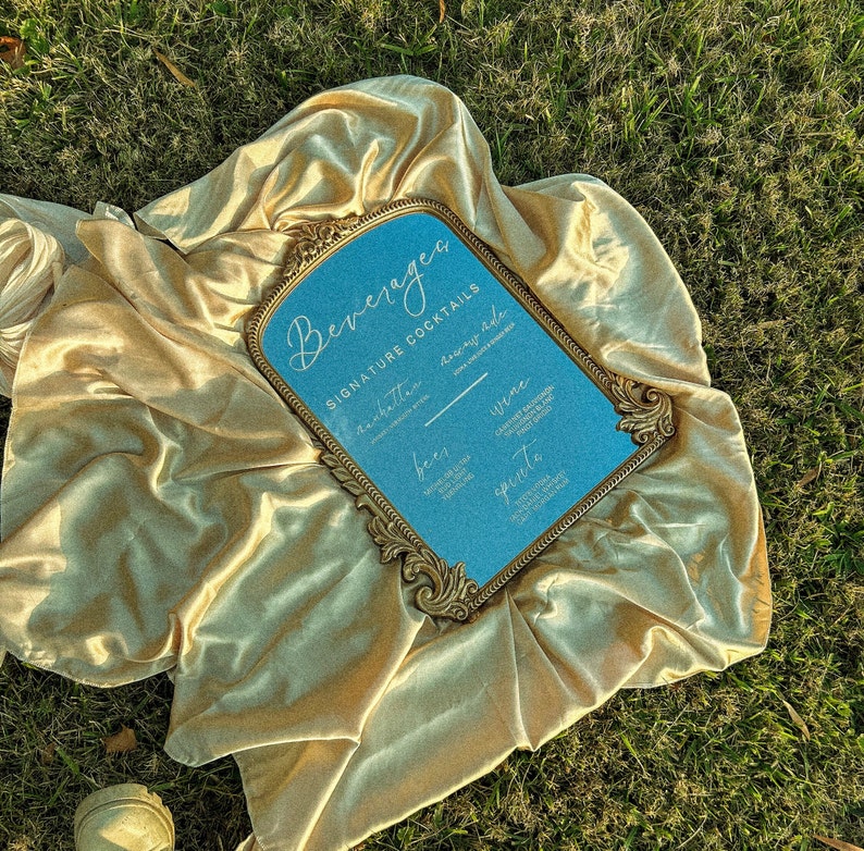 Personalized Wedding Cocktail Menu on Gold Arch Mirror Featuring ...