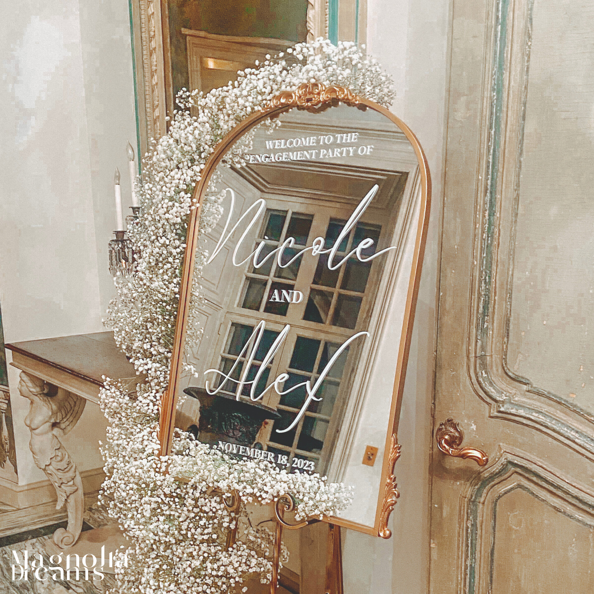 Custom Engagement Party Welcome Sign on Large Gold Arch Mirror ...