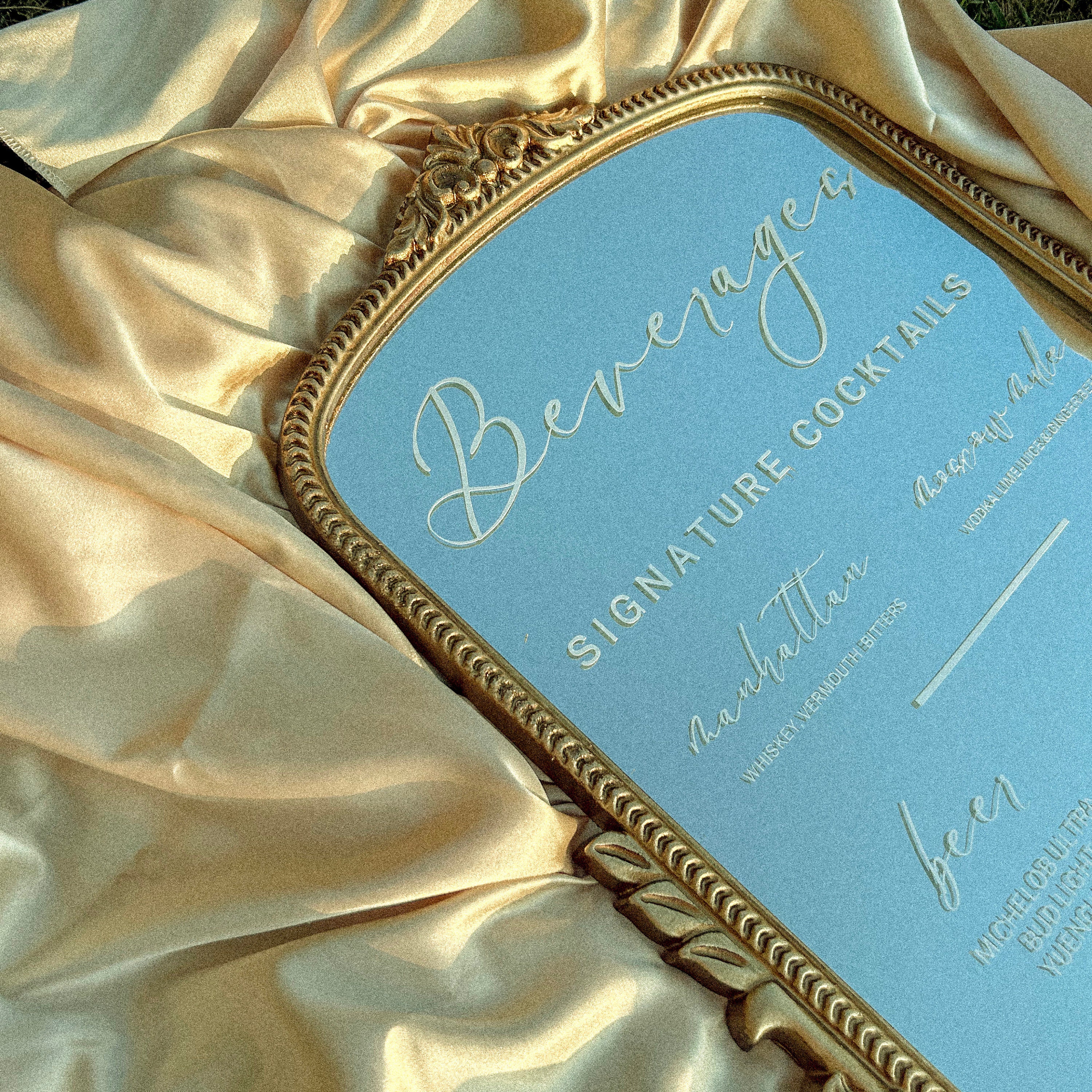 Custom Cocktail List for Wedding on Gold Arch Mirror With Custom ...