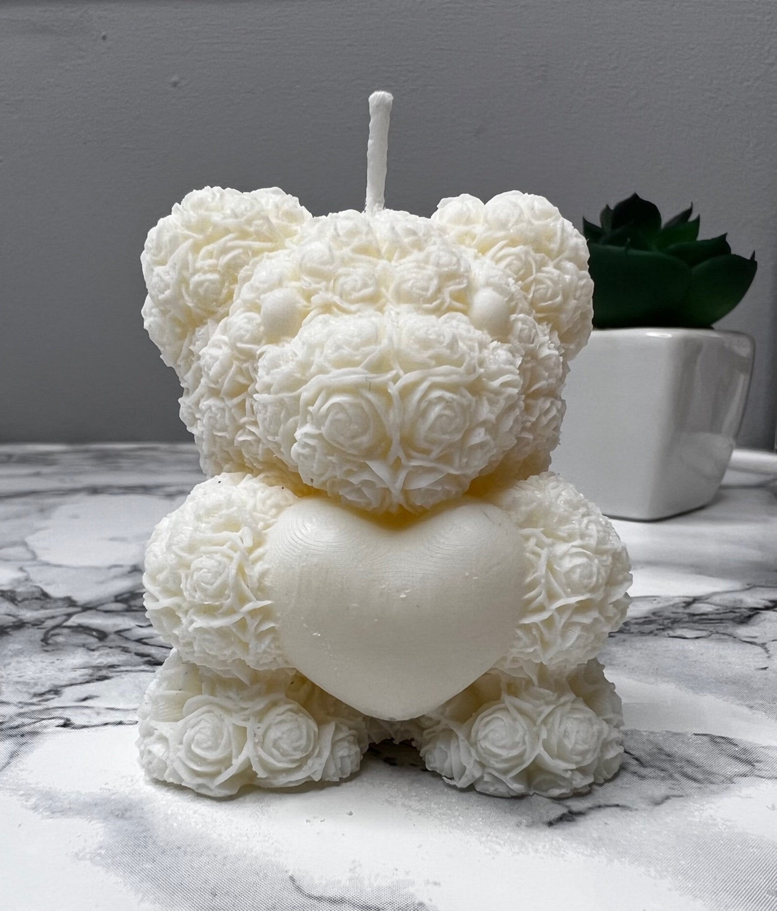 Rose Detailed Teddy Bear Holding Heart Scented Candle | Pink, Blue and ...