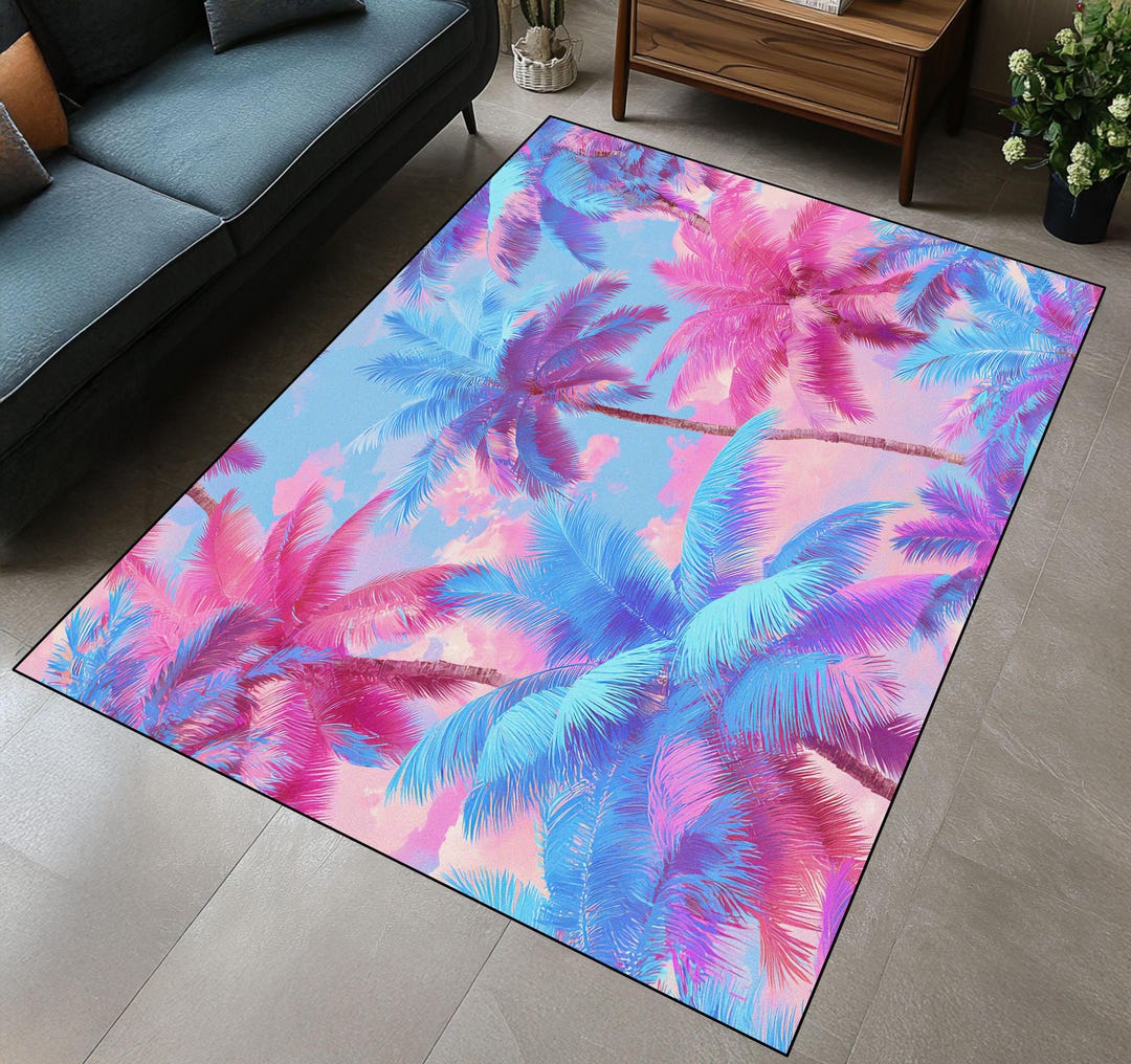 Pastel Neon Palm Rug, Pink Blue Dreamscape, Modern Tropical Living Room ...