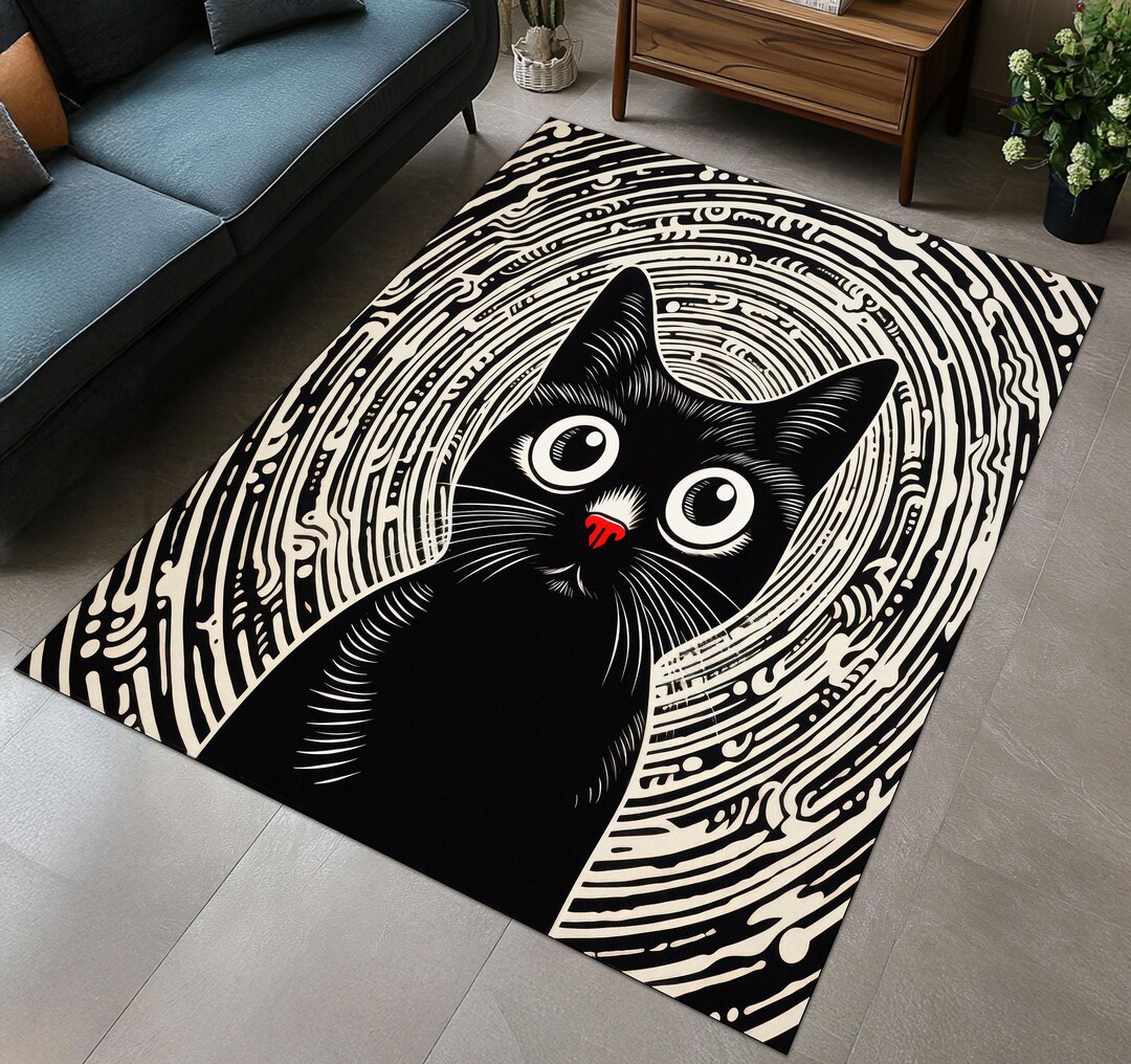 Cute Cat Rug, Black Confused Cat Rug, Playful Cat Carpet, Cat Desing ...