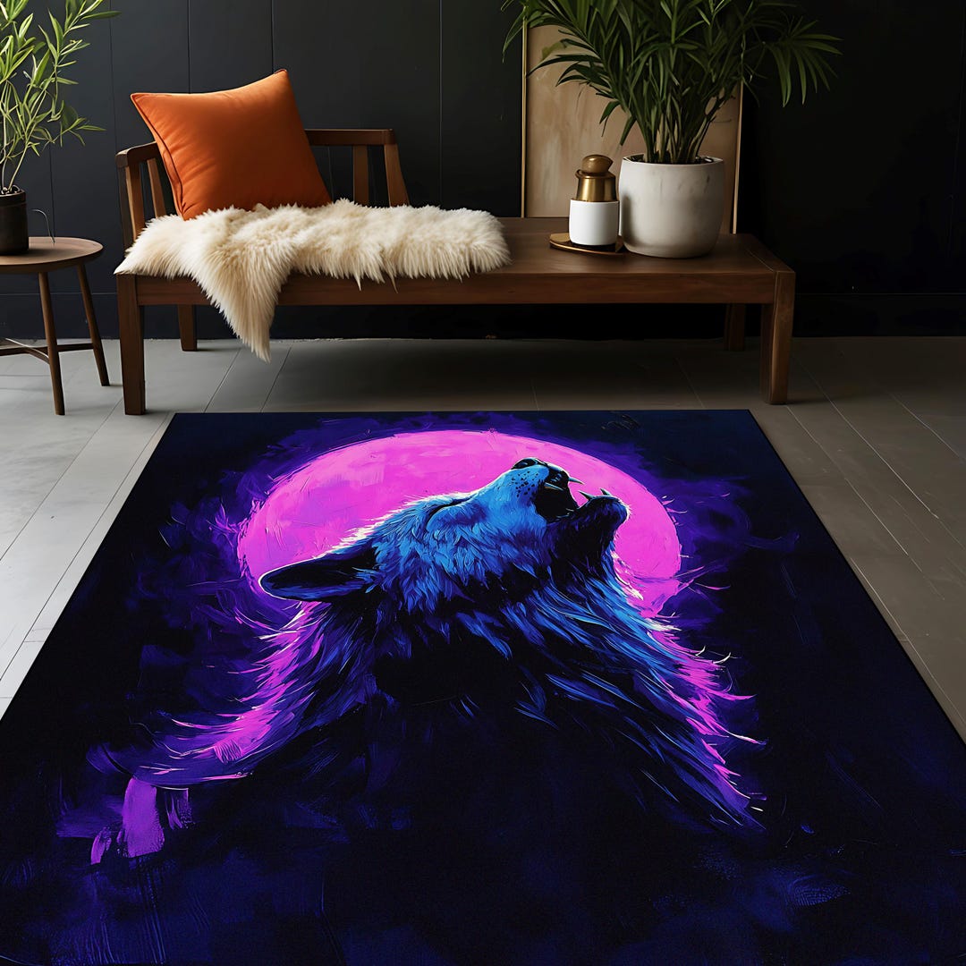 Dark Night Wolf Rug, Howling Wolf Rug, Mystic Wolf Area Rug, Fantasy ...
