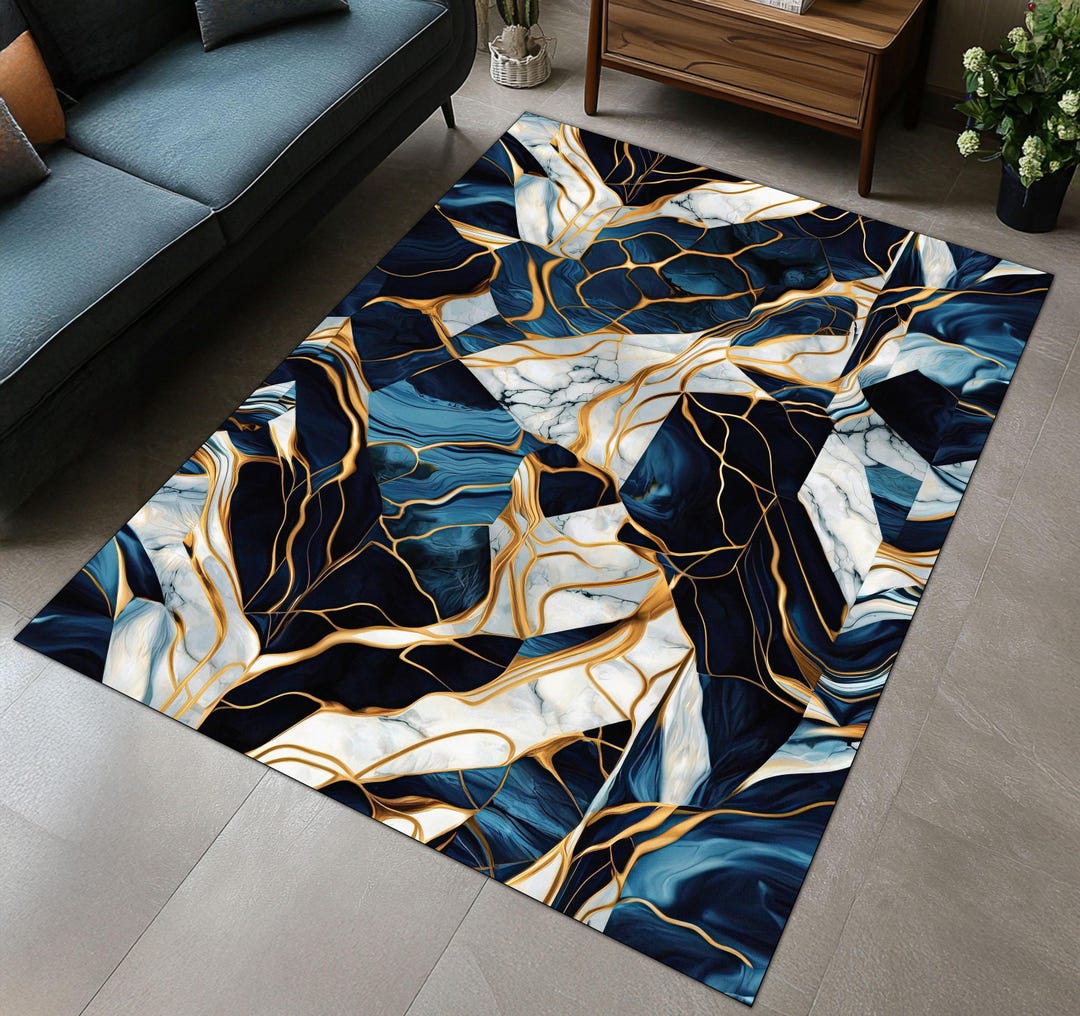 Gold Blue Marble Rug, Marble Effect Abstract Rug, Golden Waves and ...