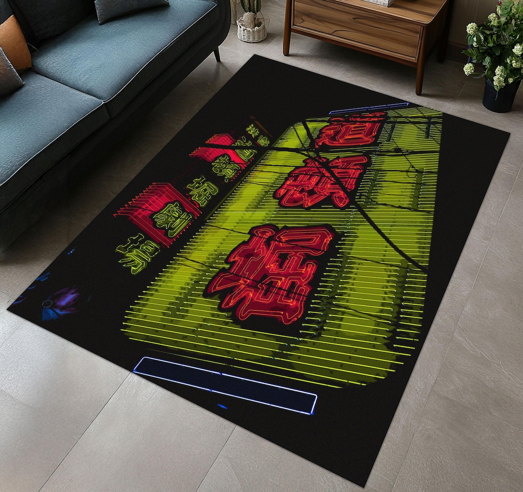 Japanese Neon Sign Rug, Tokyo Night Vibes Neon Rug, Urban Neon Lights ...