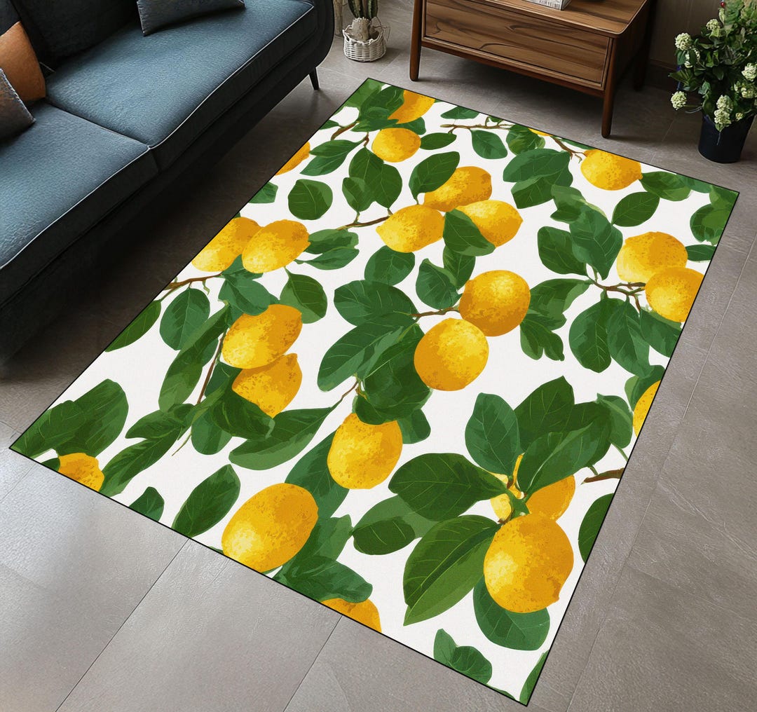 Lemon Botanical Rug, Citrus Fruit Pattern Area Rug, Mediterranean ...