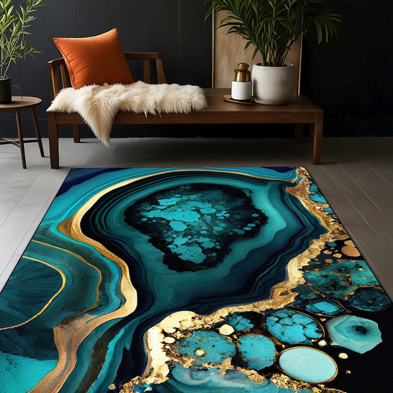 Teal Gold Marble Area Rug: Agate Geode Crystal Pattern - Etsy