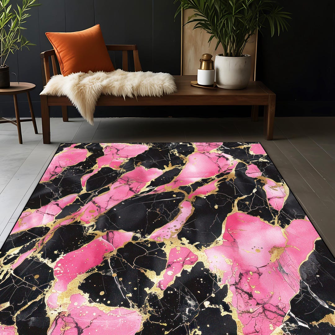 Pink Gold Marble Rug, Luxury Gold Vein Marble Rug, Glamorous Black Pink ...