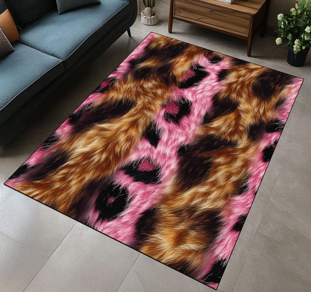 Leopard Print Rug, Faux Fur Look Pile-free Printed Rug, Pink Brown ...