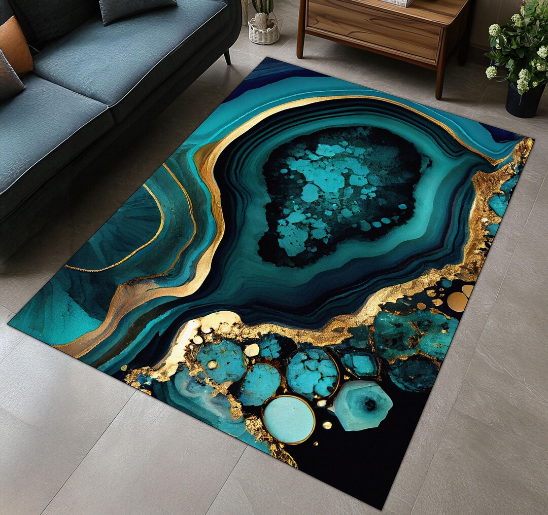 Luxury Teal Gold Marble Rug, Geode Crystal Area Rug, Stunning Blue Gold ...