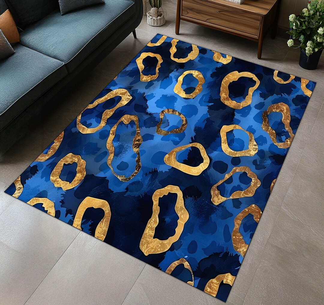 Luxury Blue Gold Rug, Modern Leopard Print Rug, Chic Abstract Pattern ...