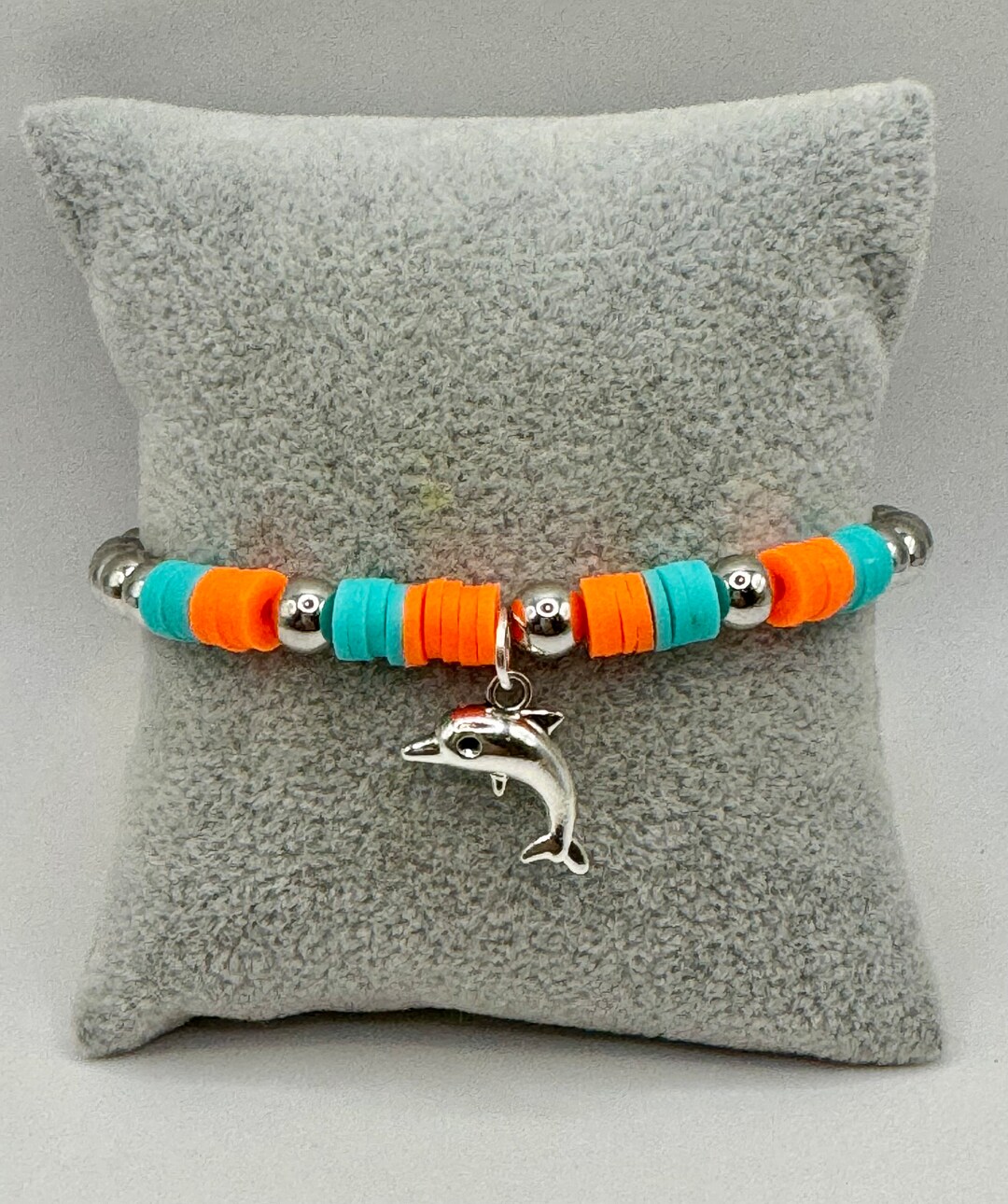 Miami Dolphins Green and Orange Beaded Elastic Bracelet With Dolphin's ...