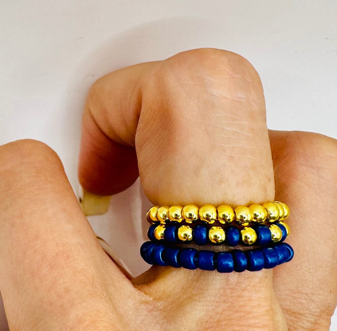 University of Notre Dame Blue and Gold Elastic Beaded Rings - Set of ...