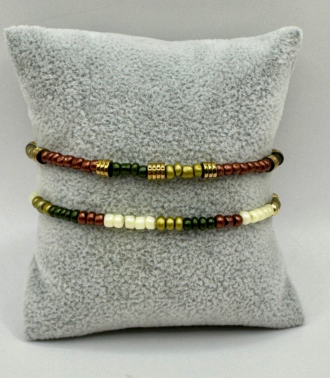 Set of Two Multi-colored Elastic 2mm Beaded Bracelets With Gold Beads ...