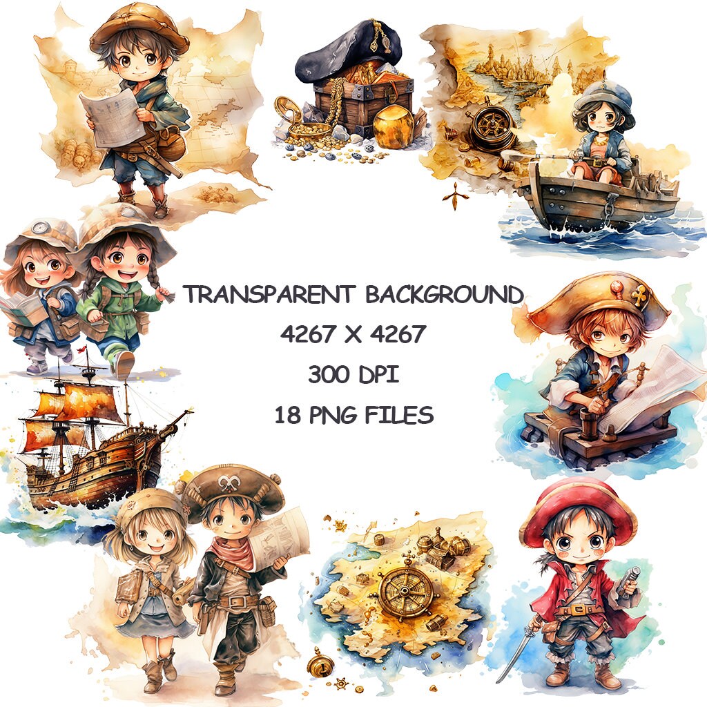 Watercolor Pirate Clipart Cute Pirates Kids Treasure Map 18 PNG Images ...