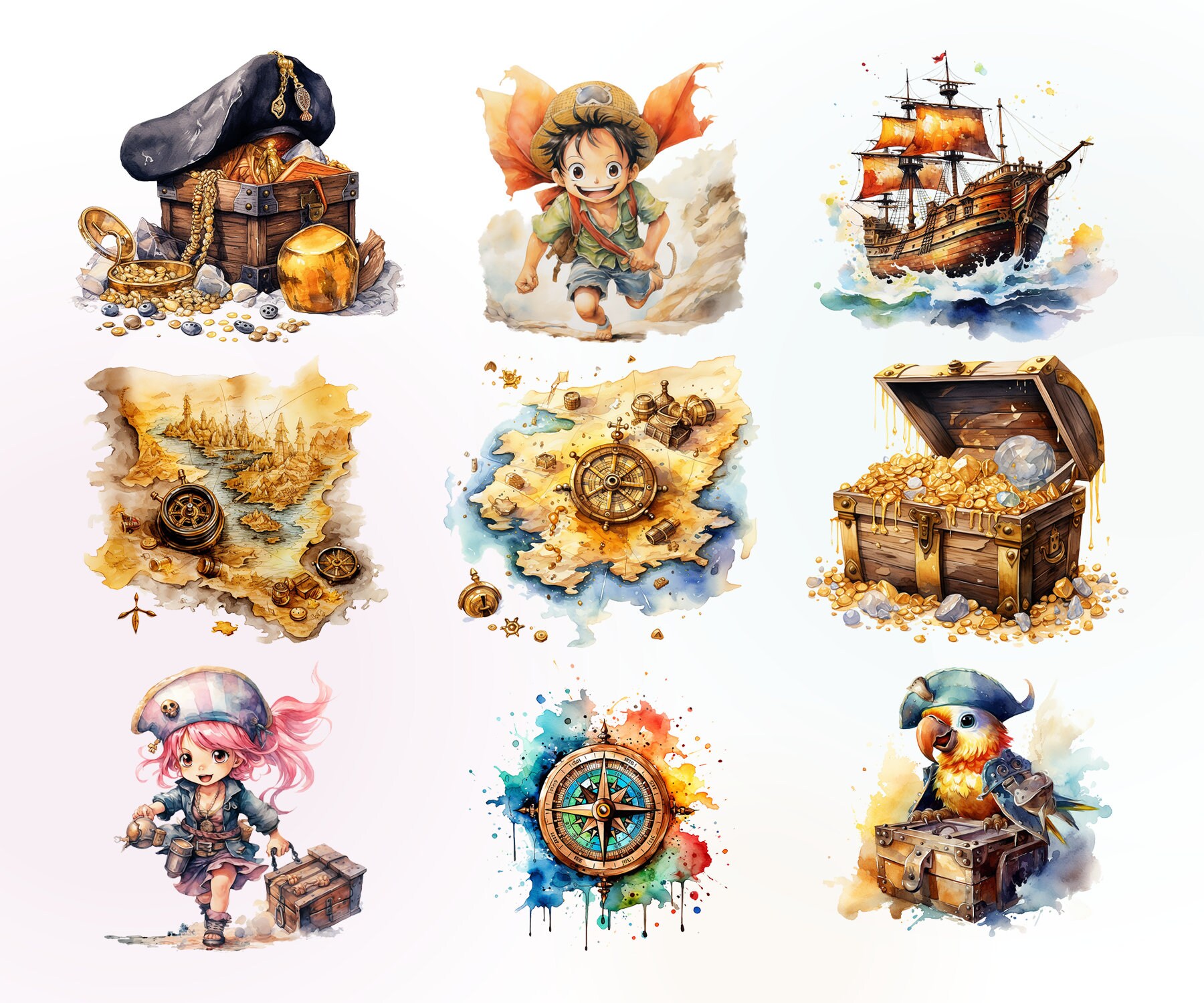Watercolor Pirate Clipart Cute Pirates Kids Treasure Map 18 PNG Images ...
