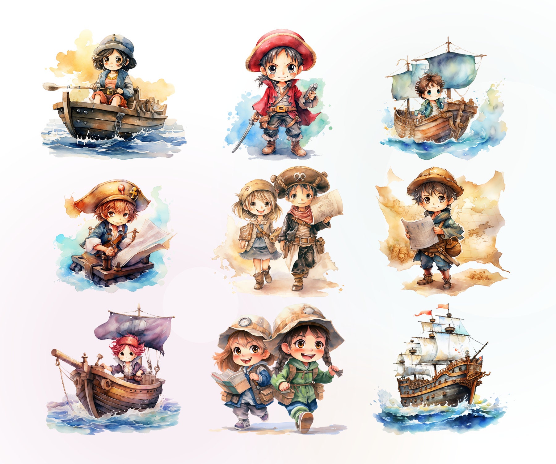 Watercolor Pirate Clipart | Cute Pirates Kids | Treasure Map | 18 PNG ...