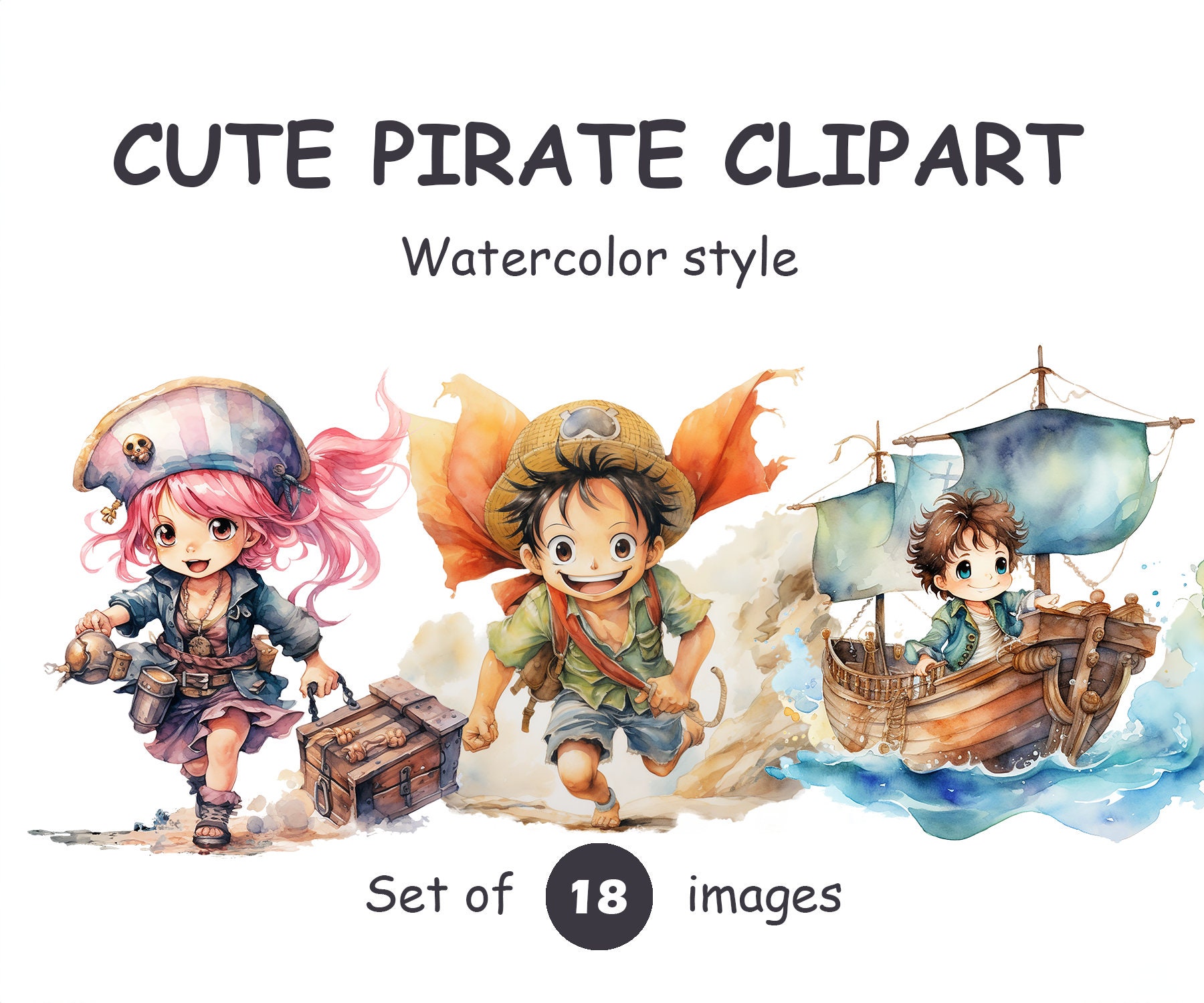 Watercolor Pirate Clipart Cute Pirates Kids Treasure Map 18 PNG Images ...