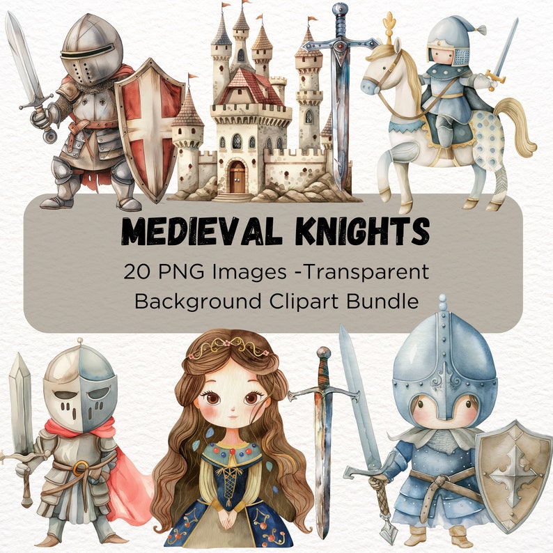 Cute Watercolor Medieval Clipart Bundle, Medieval Knight PNG, Medieval ...