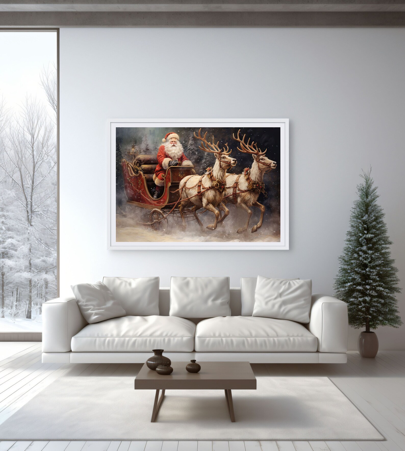 Santa Oil Painting Print Santa and His Reindeer Rustic Christmas Decor ...