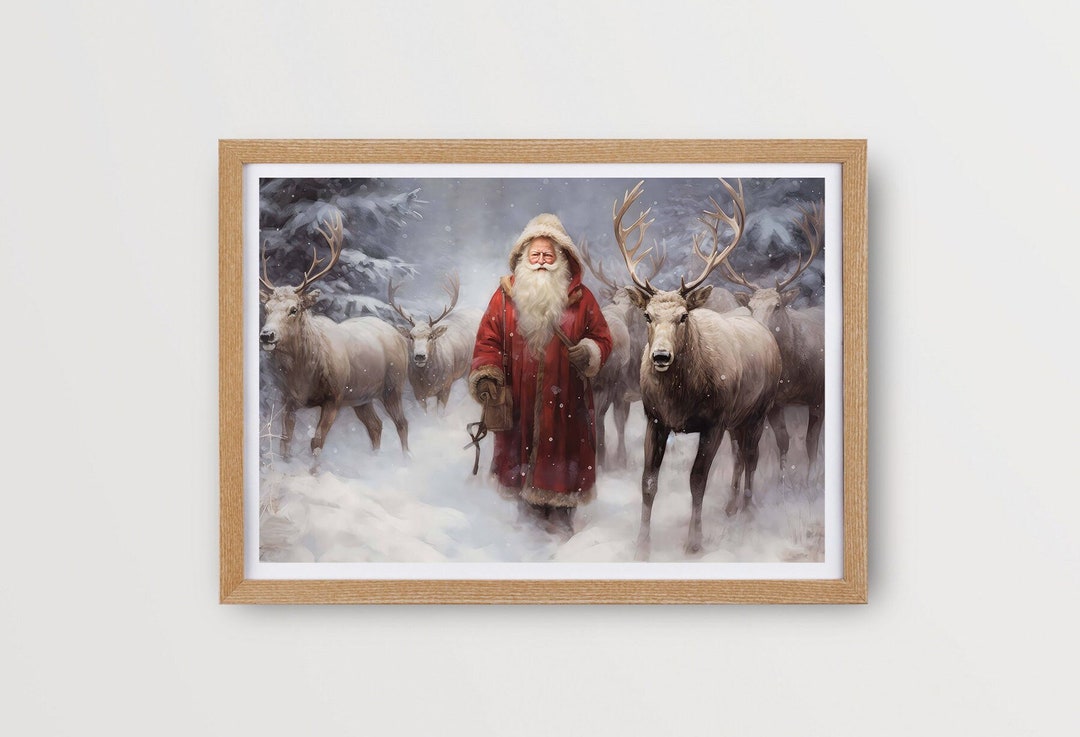 Santa Reindeer Print Vintage Christmas Wall Art Santa's Reindeer ...