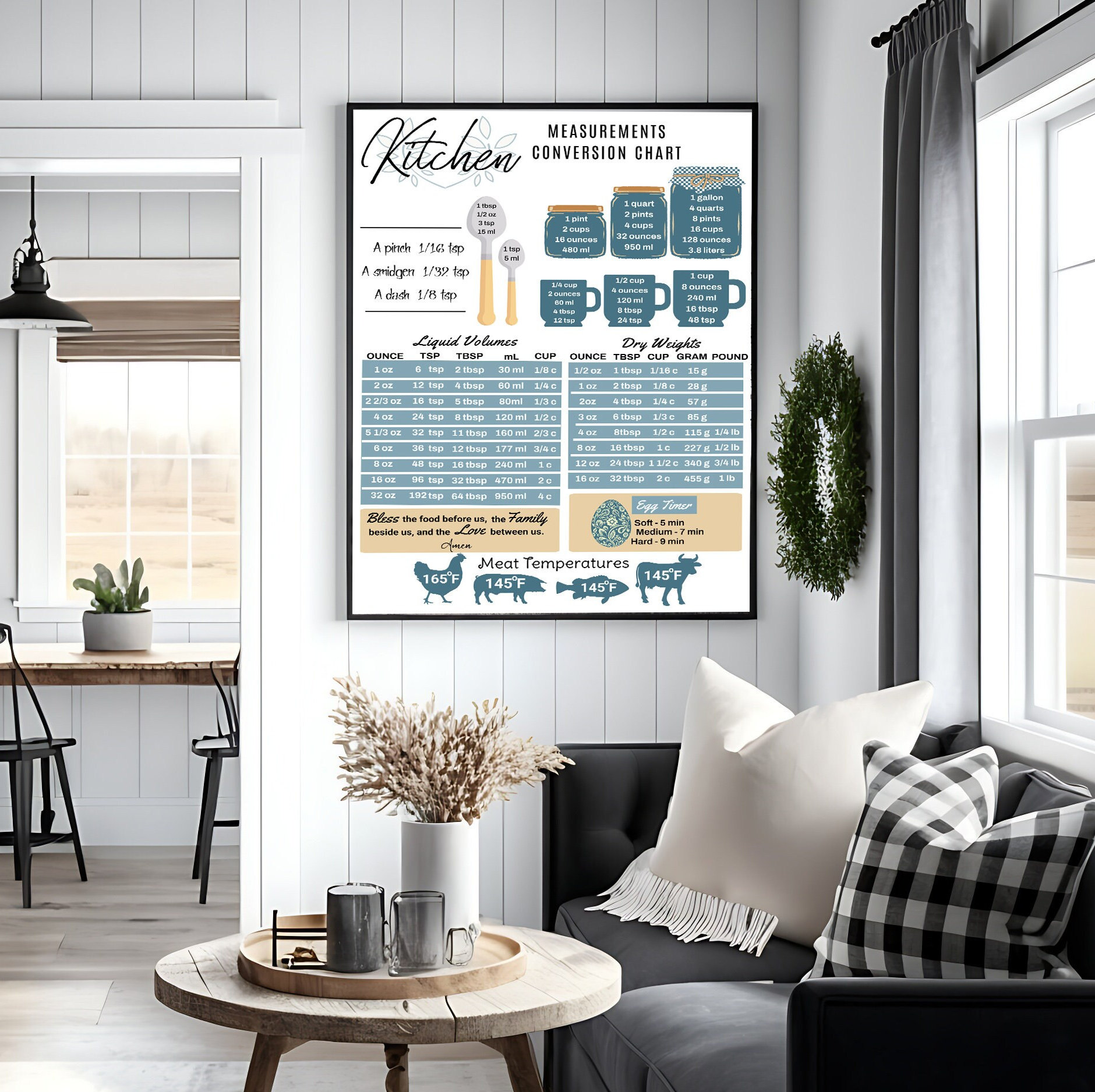 Kitchen Measurement Conversion Chart Farmhouse Wall Decor Measuring ...