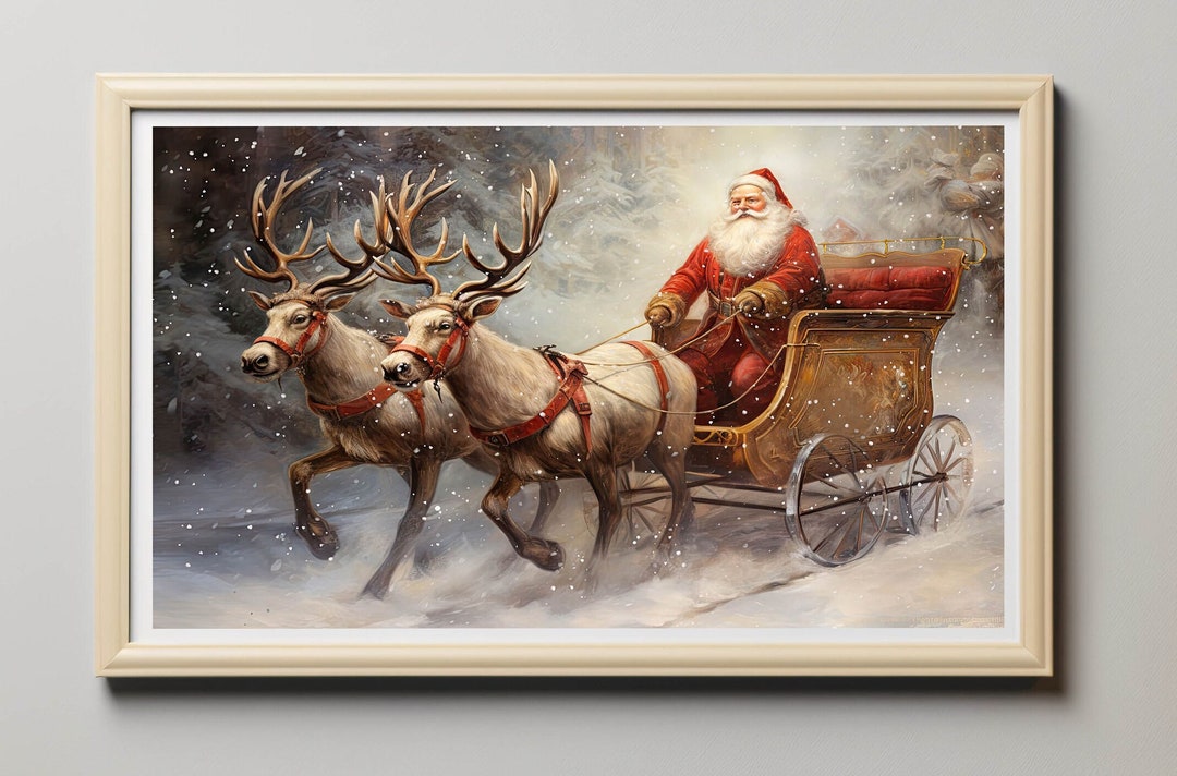 Santa Oil Painting Print Reindeer Print Santa's Sleigh Santa and ...