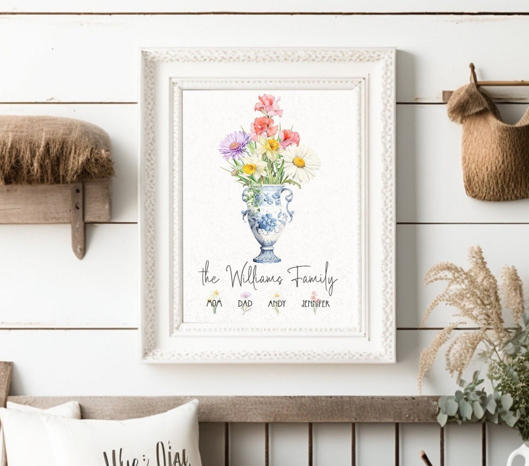 Birth Flower Bouquet Personalized Gift Birth Month Flower Art Grandma ...