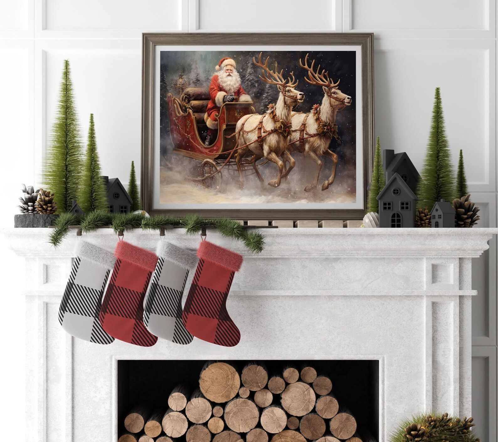 Santa Oil Painting Print Santa and His Reindeer Rustic Christmas Decor ...