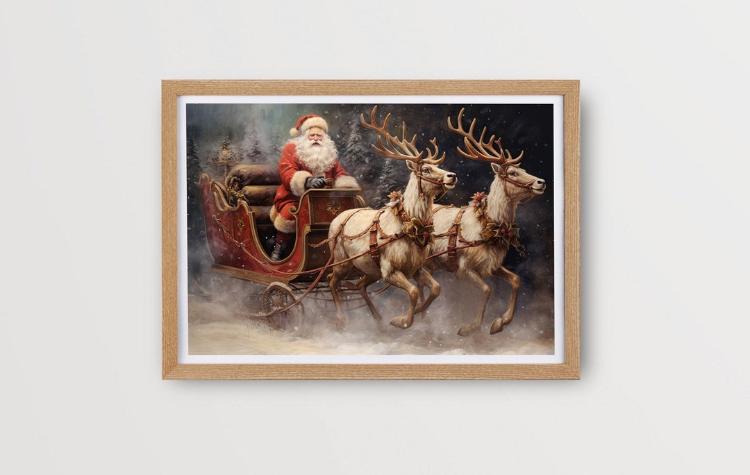 Santa Oil Painting Print Santa and His Reindeer Rustic Christmas Decor ...