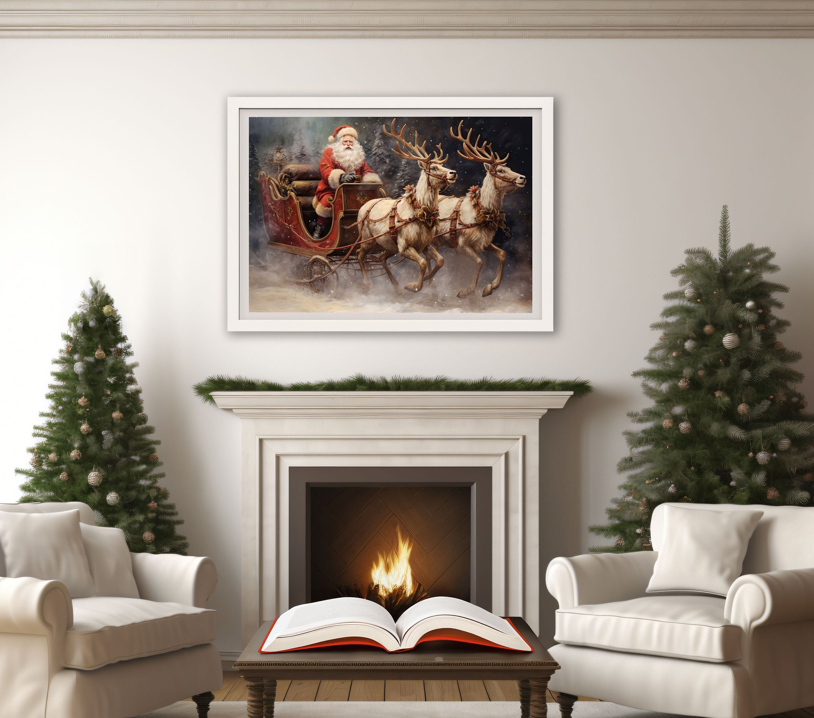Santa Oil Painting Print Santa and His Reindeer Rustic Christmas Decor ...