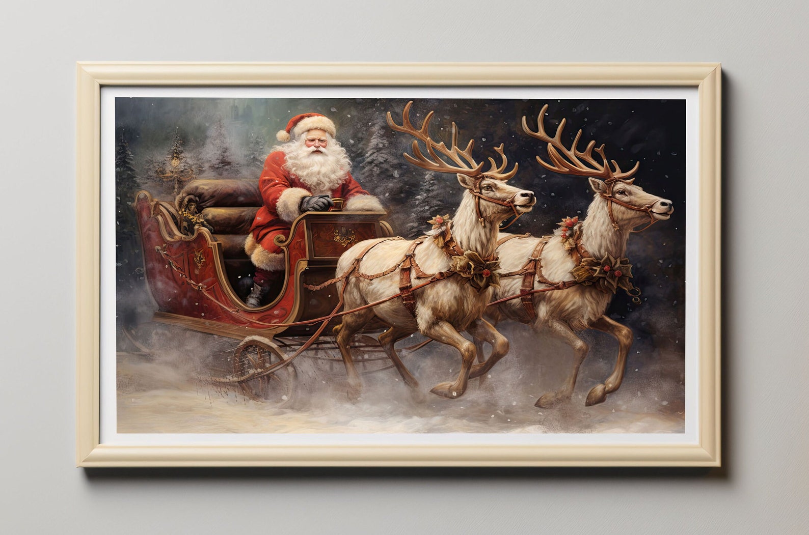 Santa Oil Painting Print Santa and His Reindeer Rustic Christmas Decor ...