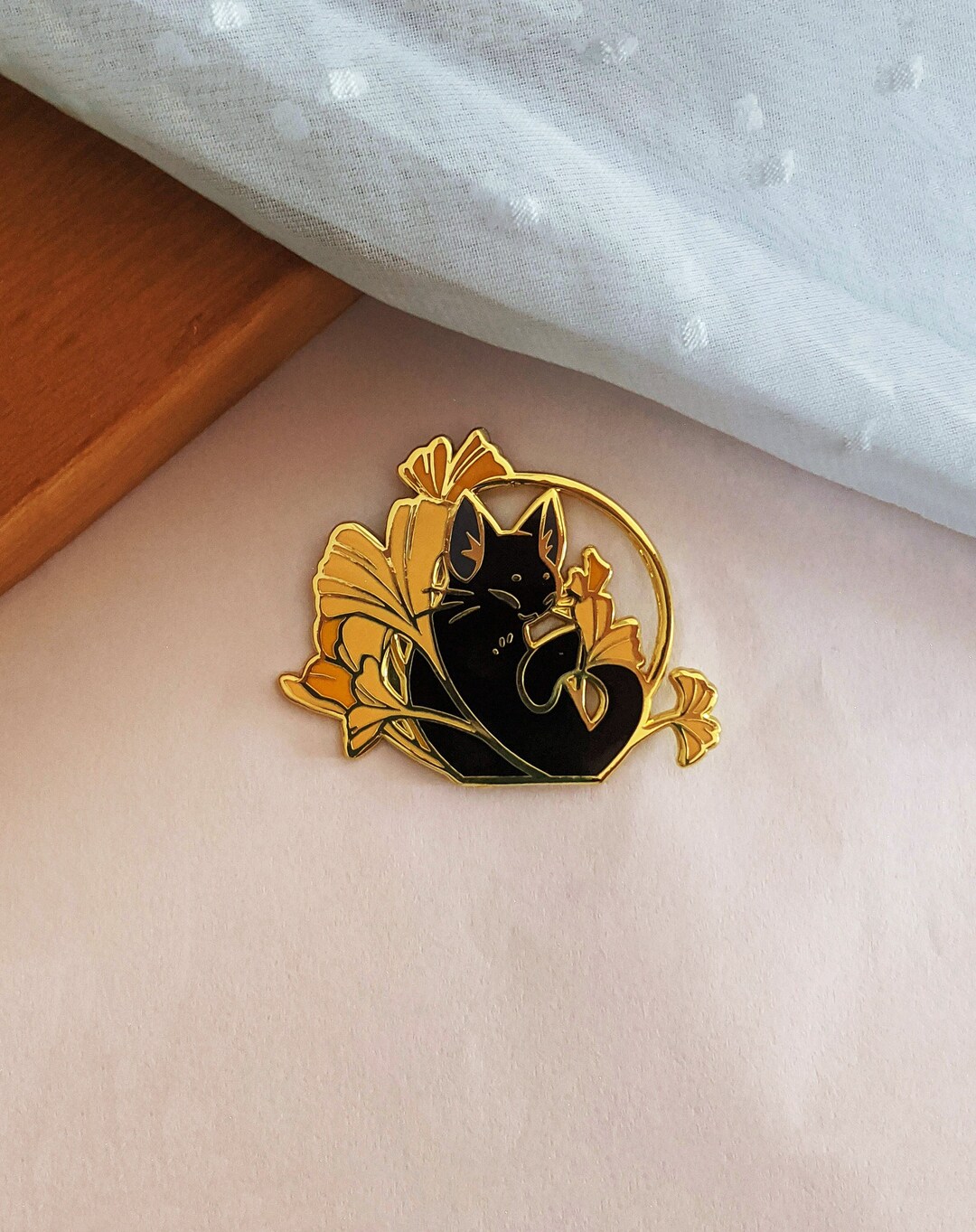 Ginkgo Cat Hard Enamel Pin | Gold | Gift for Cat Lovers | Black Cat | White Cat | Peaceful ...