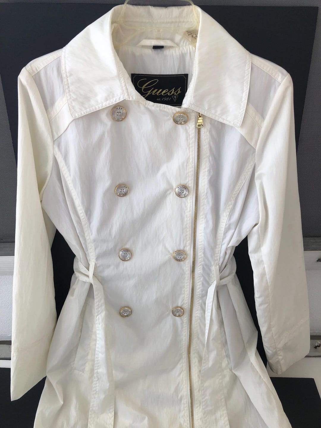 Women Vintage Guess Lined Raincoat Size M, Double Breasted, off White ...