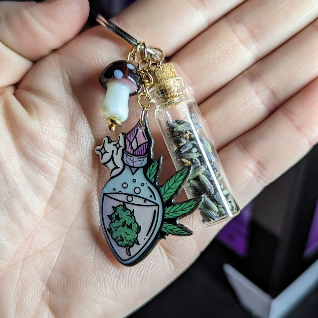 Pot Leaf Witch Keychain With Potion Bottle, Lavender, and Mushroom ...