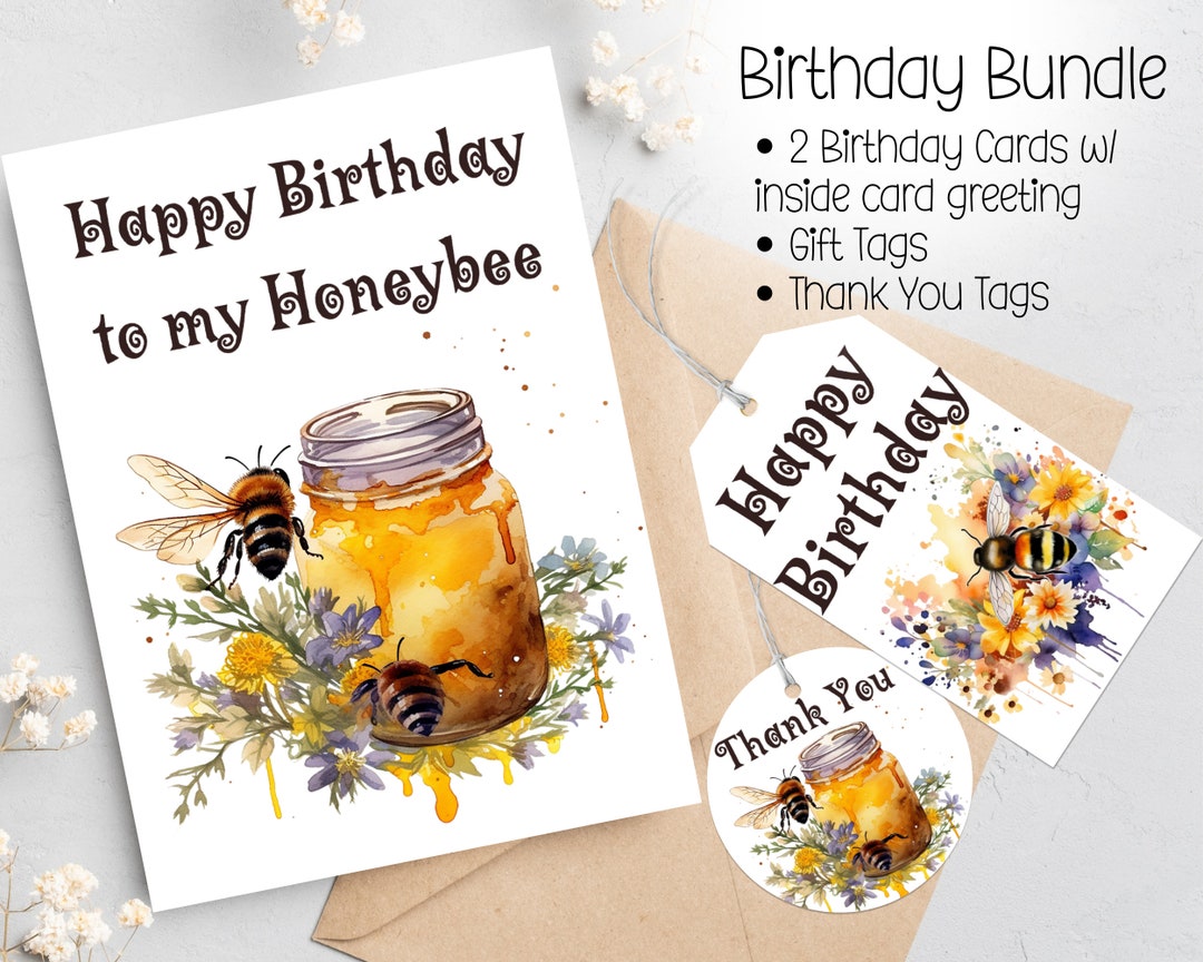 Yellow Honey Bee Birthday Card Birthday Tags and Favor Tags Bumble Bee ...