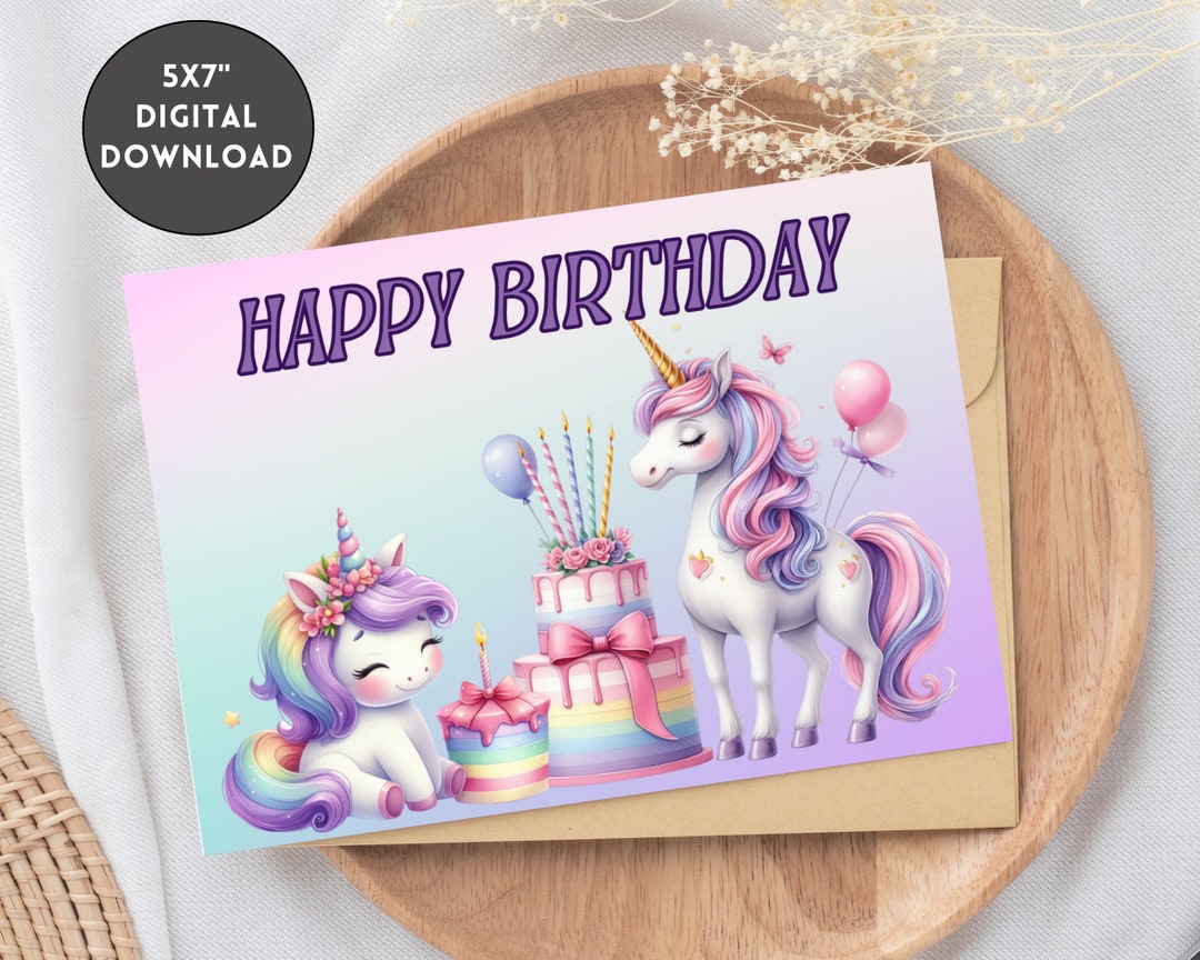 Pastel Birthday Unicorns Printable Happy Birthday Greeting Card Digital ...
