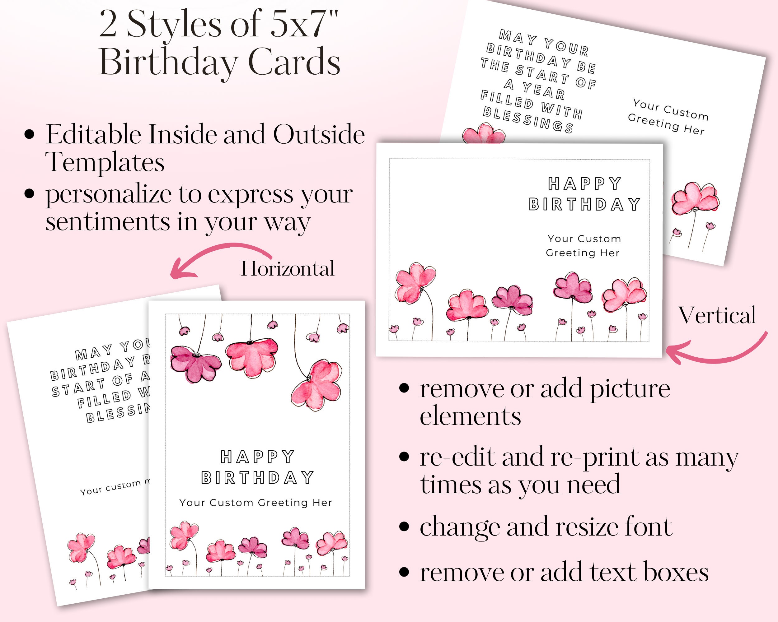 Pink Flower Birthday Card Printable Digital Download Cute Birthday ...