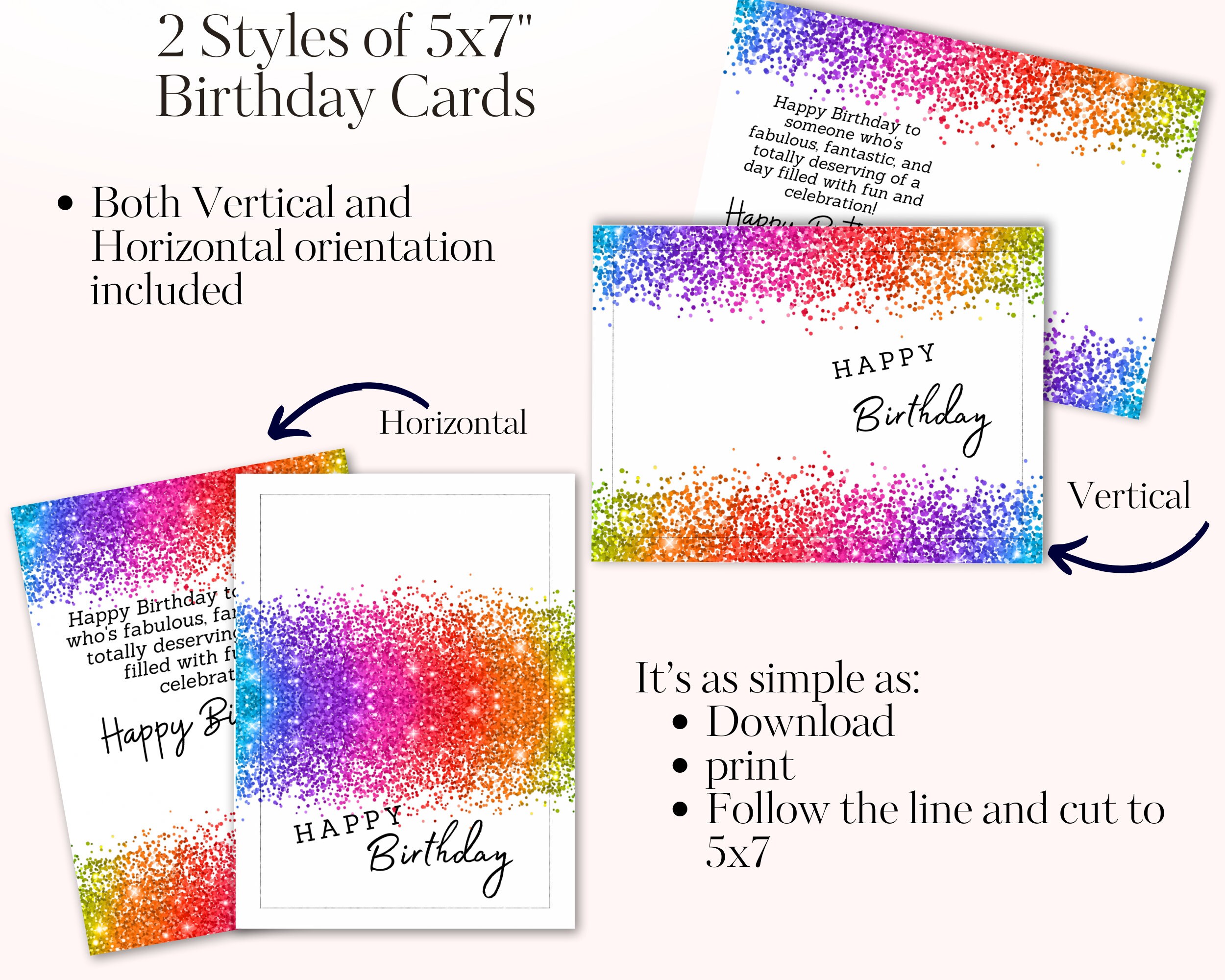 Rainbow Glitter Confetti Printable Birthday Greeting Card Non Editable ...