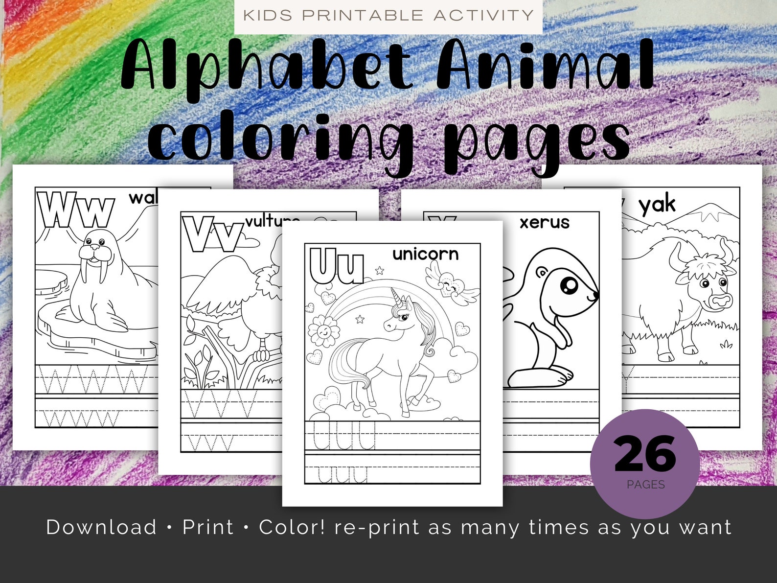 Kids Printable Animal Alphabet Coloring Pages and Letter Tracing for ...