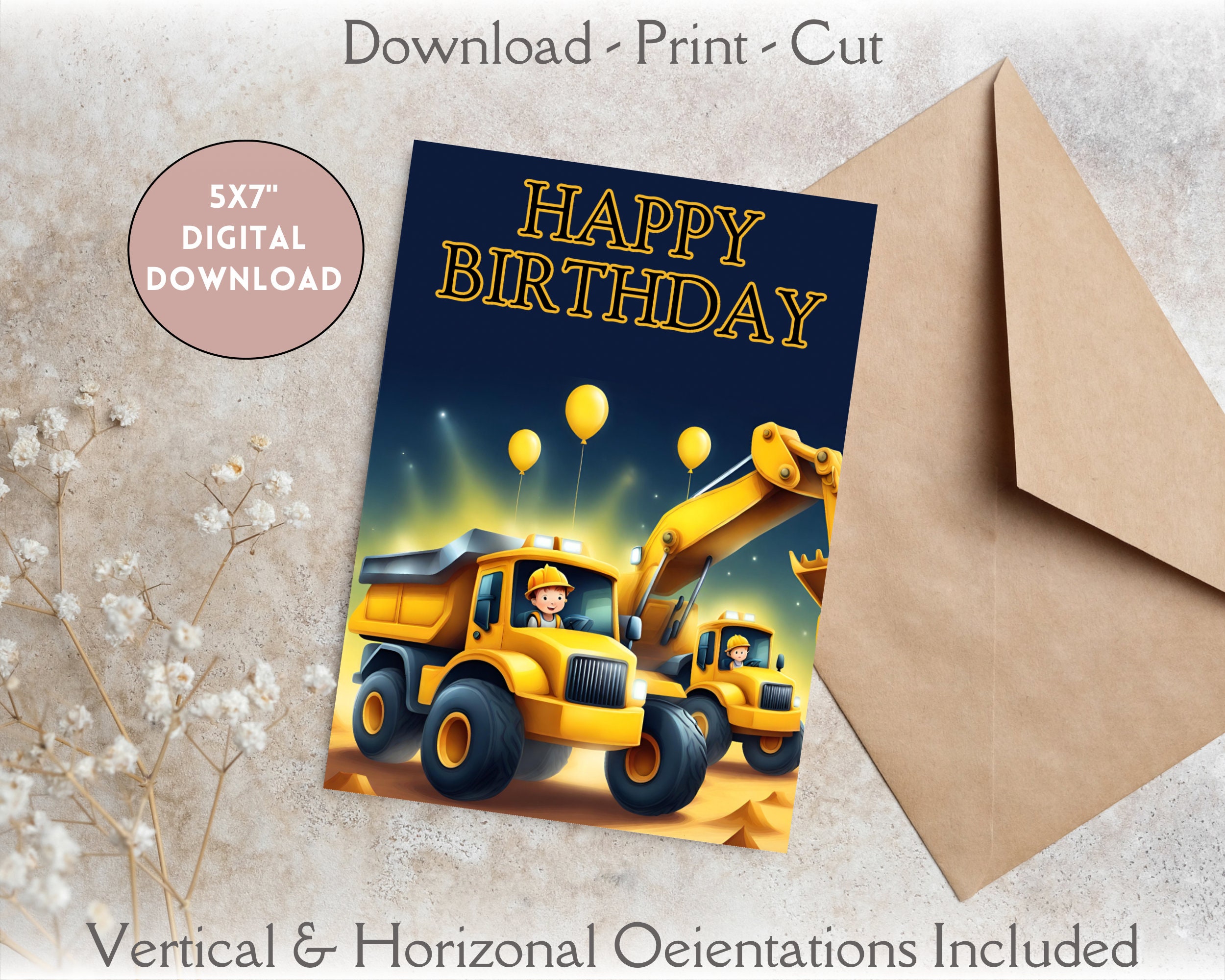 Yellow Construction Dump Truck and Digger Printable Happy Birthday ...