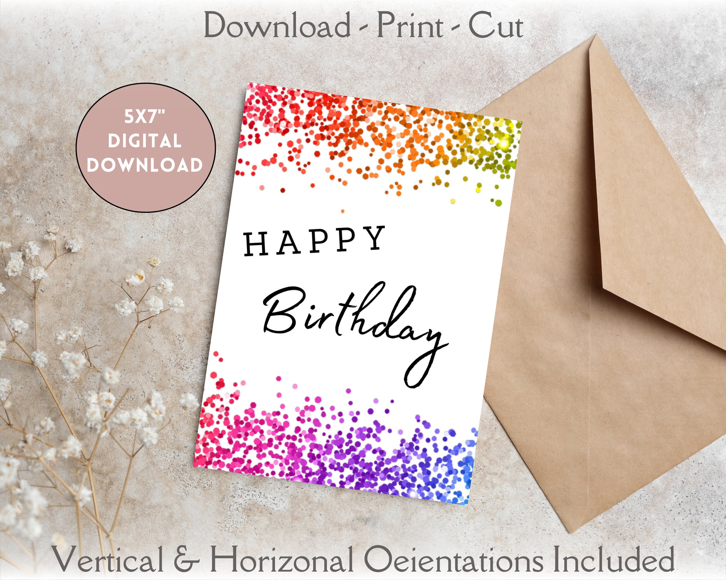 Rainbow Glitter Confetti Printable Birthday Greeting Card Non Editable ...