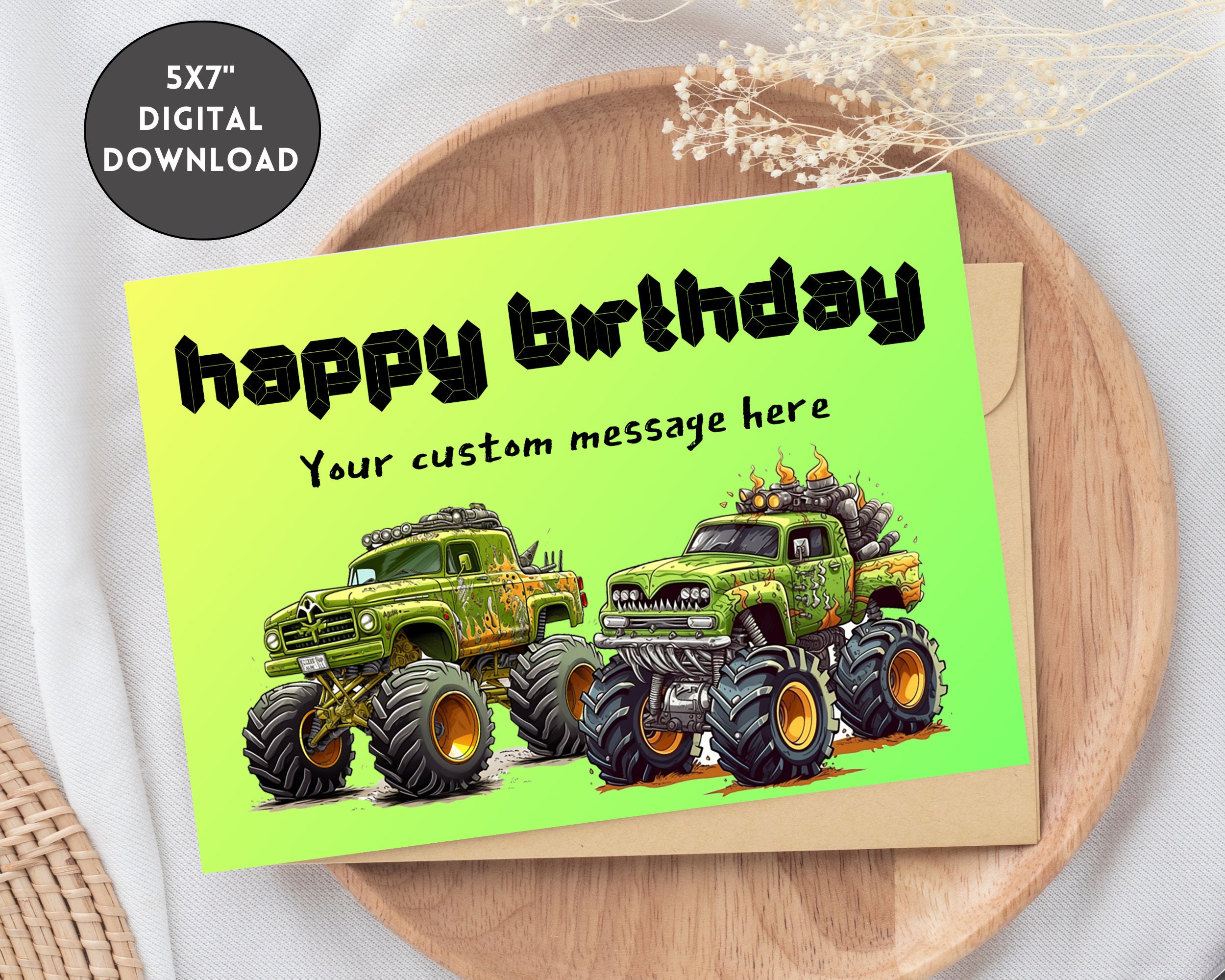 Green Monster Truck Printable Happy Birthday Greeting Card Digital ...