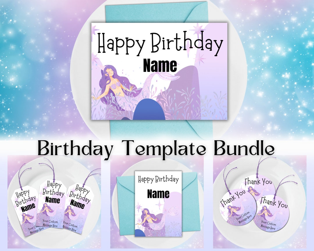 Mermaid Printable Birthday Card Digital Download Thank You Favor Tags ...