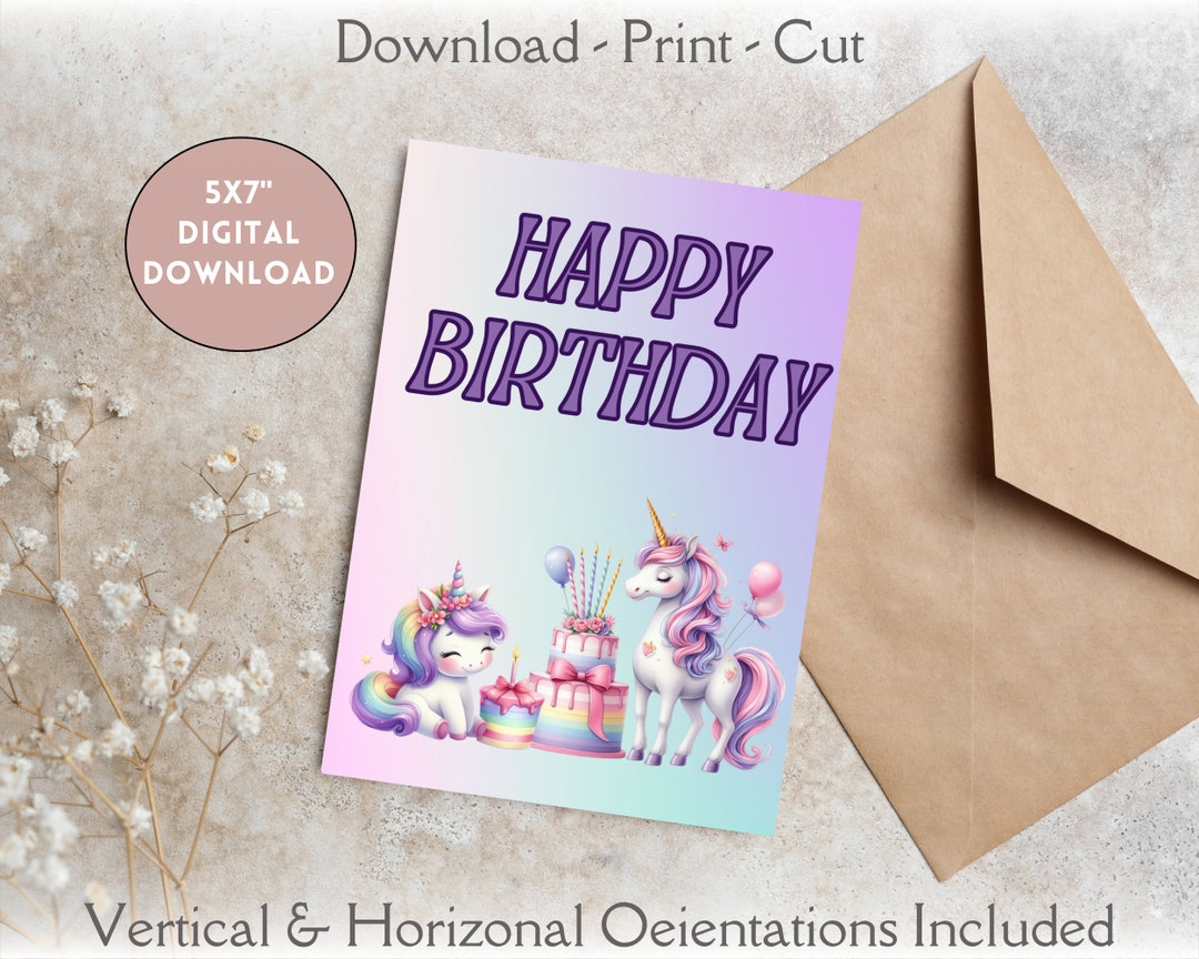 Pastel Unicorn Birthday Printable Happy Birthday Greeting Card 5x7 ...
